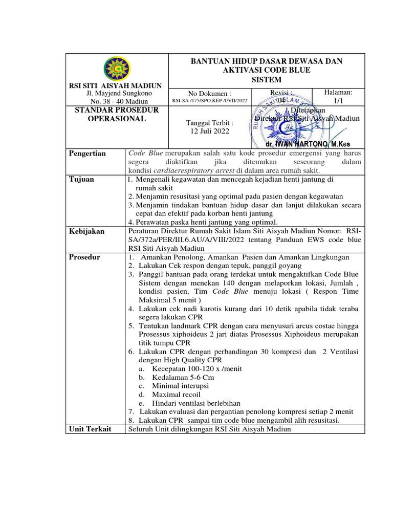 Spo Keperawatan - BHD Dewasa Dan Activasi Code Blue | PDF | Kesehatan Holistik | Sains & Matematika