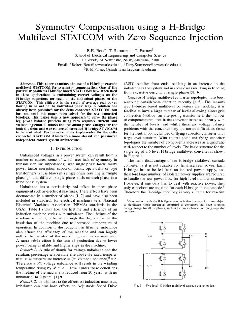 Symmetry Compensation Using A H Bridge Multilevel Statcom With Zero Sequence Injection Pdf
