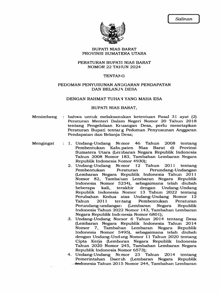 Perbup Nomor 22 Tahun 2024 Tentang Pedoman Penyusunan APB Desa | PDF