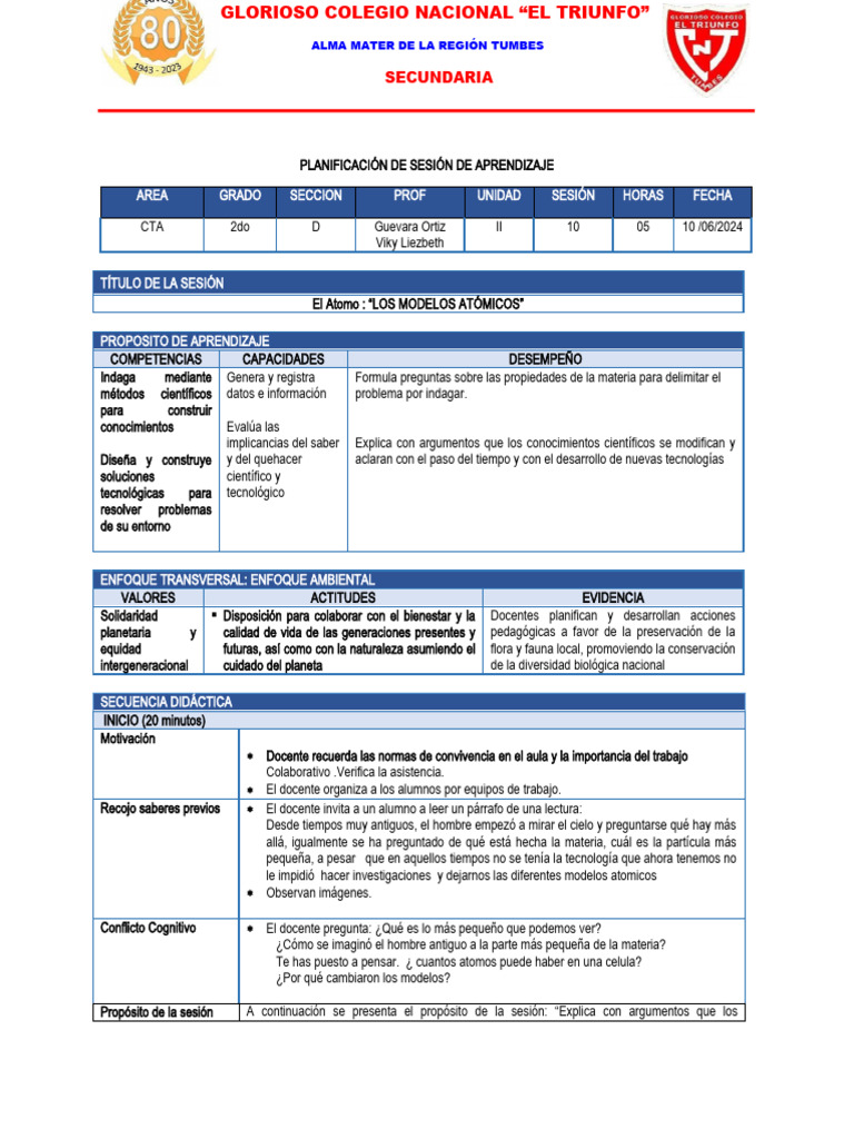 -sesion-de-aprendizaje-11-Modelos Atomicos 2024 | PDF | Átomos | Electrón