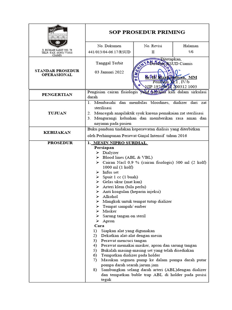 12 Sop Prosedur Priming | PDF