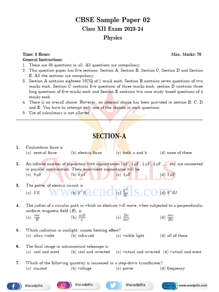 Physics Exclusive Sample Papers | PDF | Rectifier | Electromagnetic Radiation