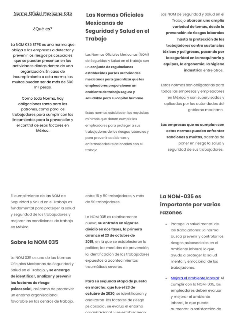 Folleto Sobre la NOM 035 | Descargar gratis PDF | Seguridad y salud ocupacional