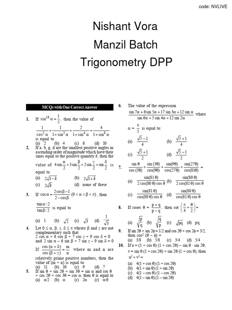 Trigonometry MCQs with Answers | PDF | Trigonometry | Trigonometric Functions