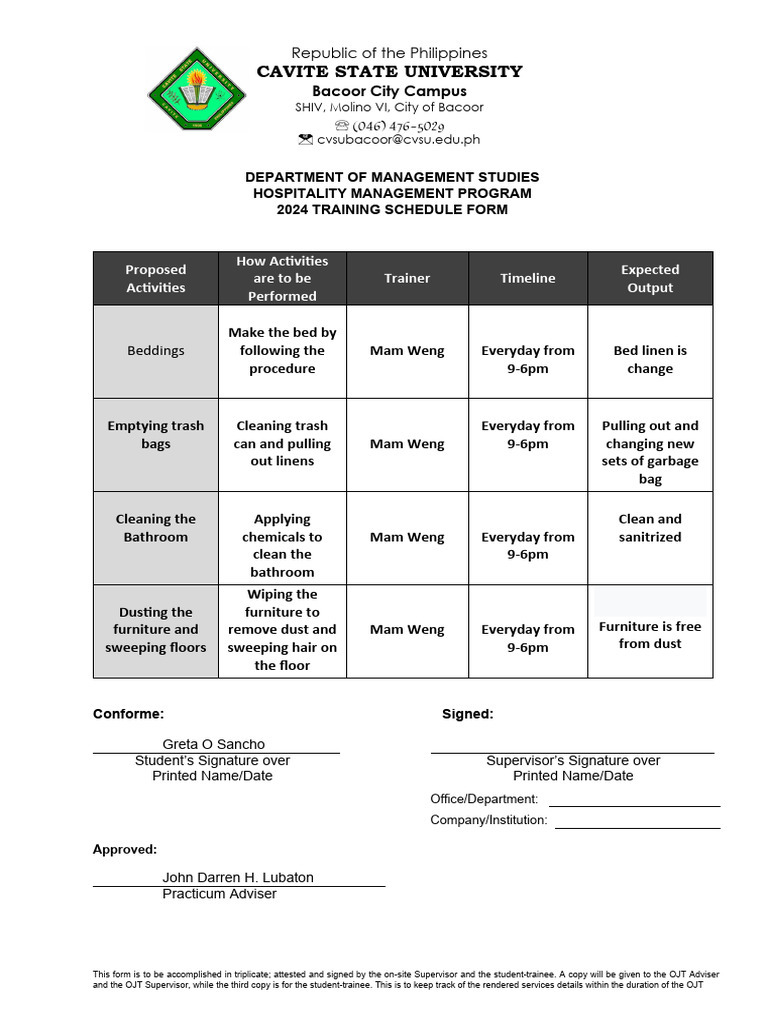 OJT2024 Training Schedule Form | PDF