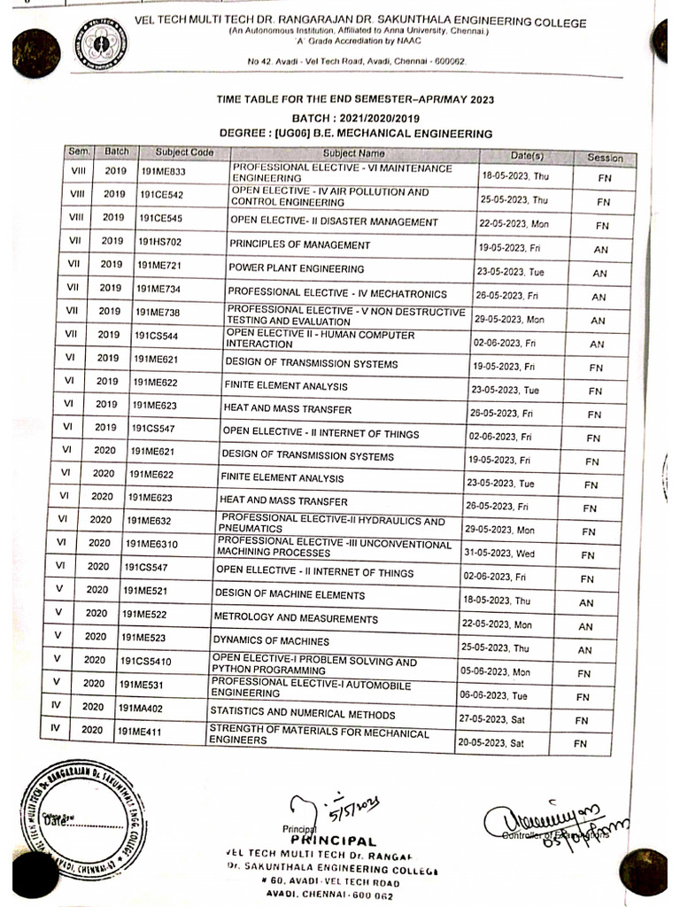 End Semester Time Table April May 2023 | PDF