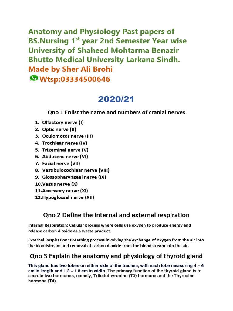 Anatomy and Physiology Past Papers of BSN 2nd Semester | PDF | Ear | Endocrine System