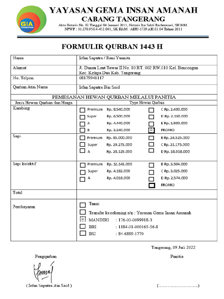 FORMULIR QURBAN TANGERANG 1443 H (Irfan) 1 | PDF