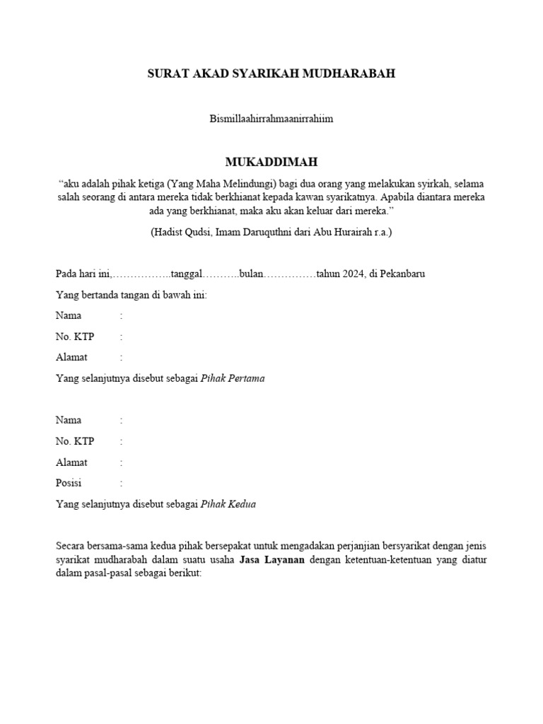 Surat Akad Syarikah Mudharabah 2024 | PDF | Pengelolaan Keuangan & Uang