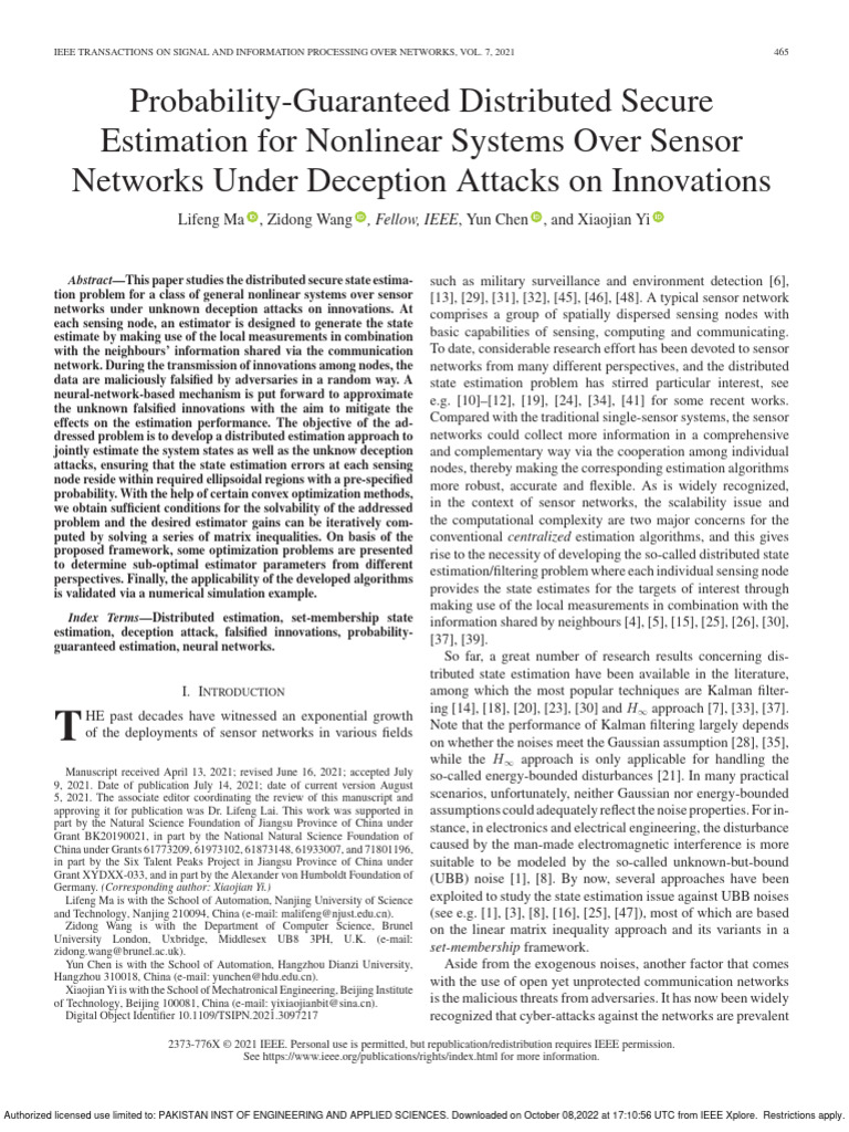 Probability-Guaranteed Distributed Secure Estimation For Nonlinear Systems Over Sensor Networks ...
