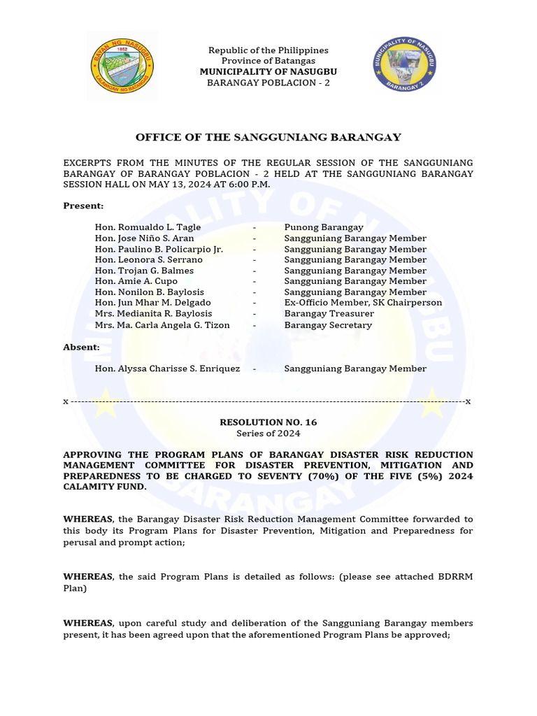 Resolution 16 Adopting The BDRRM Plan | PDF