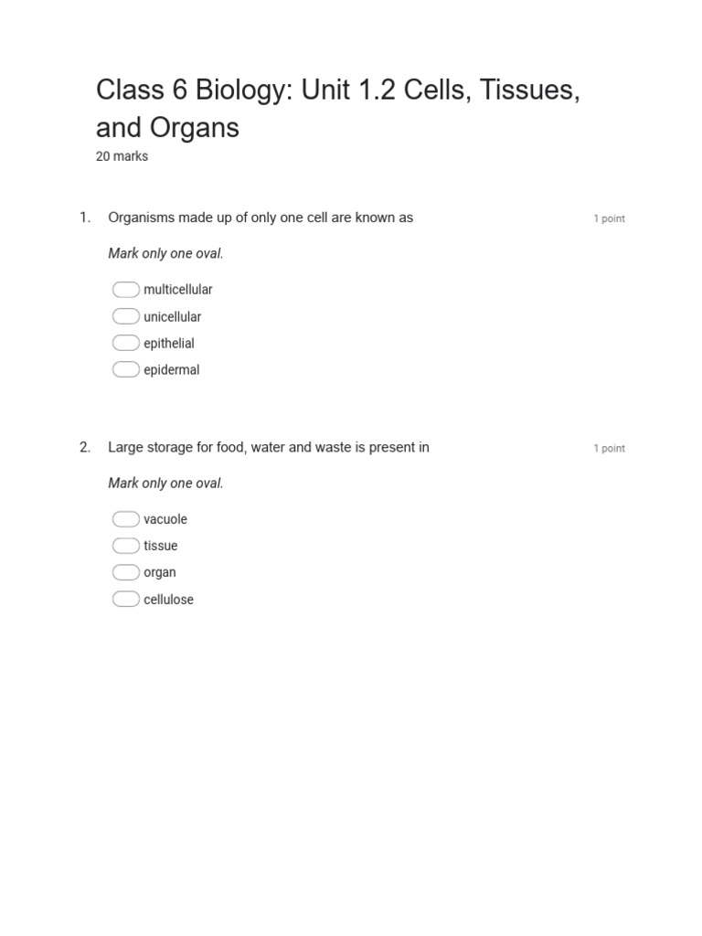 Class 6 Biology Marking Class work_ Unit 1.2 Cells, Tissues, and Organs ...