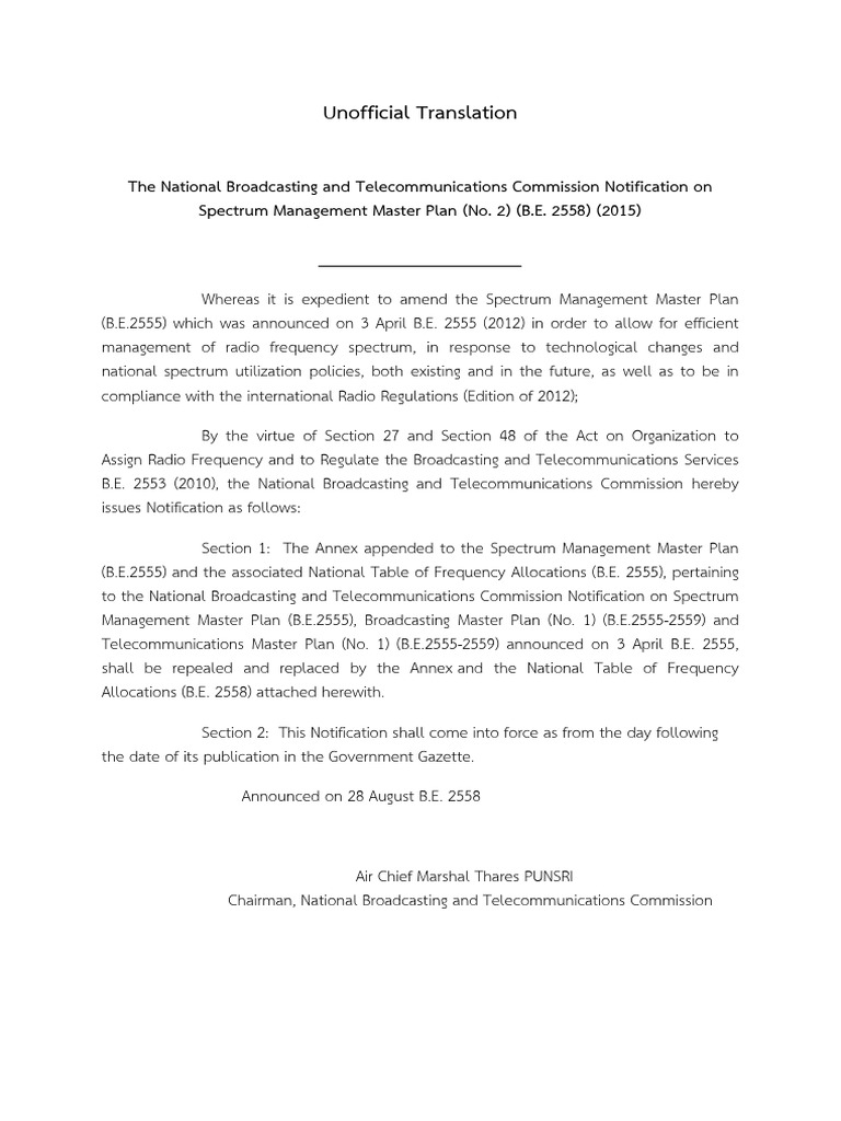 Thailand 2015 SMP 2558 Unofficial Translation | PDF | Radio ...