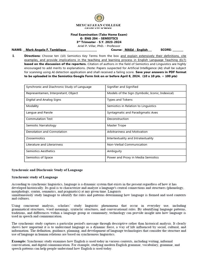 Final Exam Semiotics | PDF | Linguistics | Semiotics