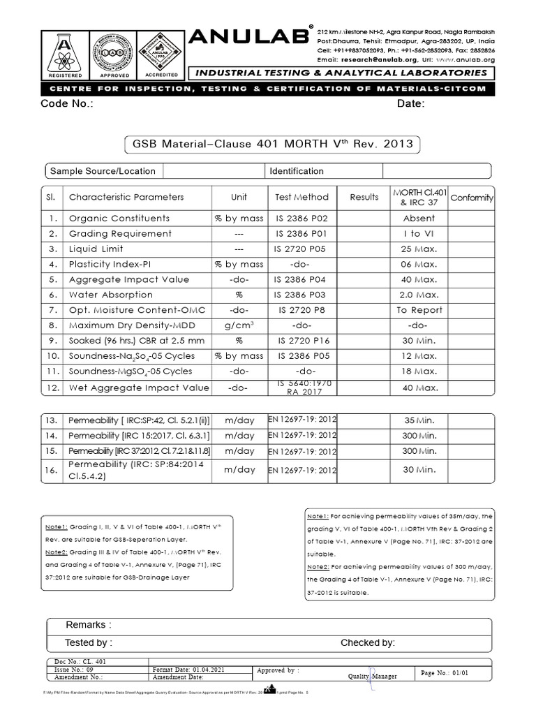 Summary Sheet For GSB Material | PDF | Physical Sciences | Materials