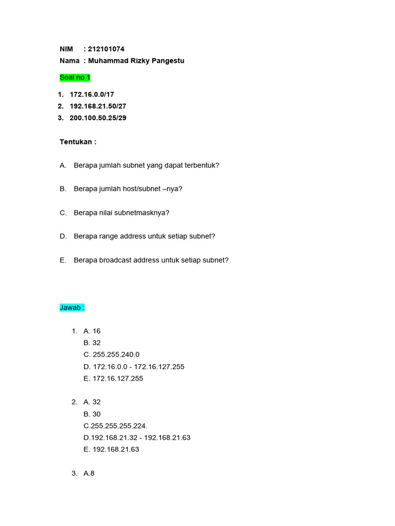 Tugas Subnetting | PDF | Griya & Taman | Komputer