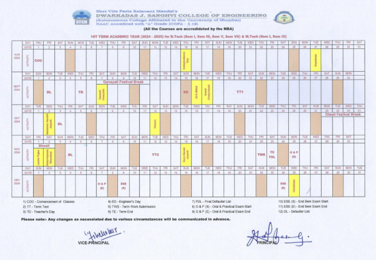 Academic Calendar - Odd Sem - 2024-25 - Sem I, III, V & VII | PDF