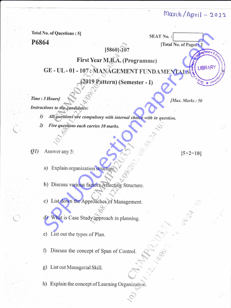 Postgraduate-Pg Mba Semester-1 2022 May Management-Fundamentals-2019-Pattern | PDF