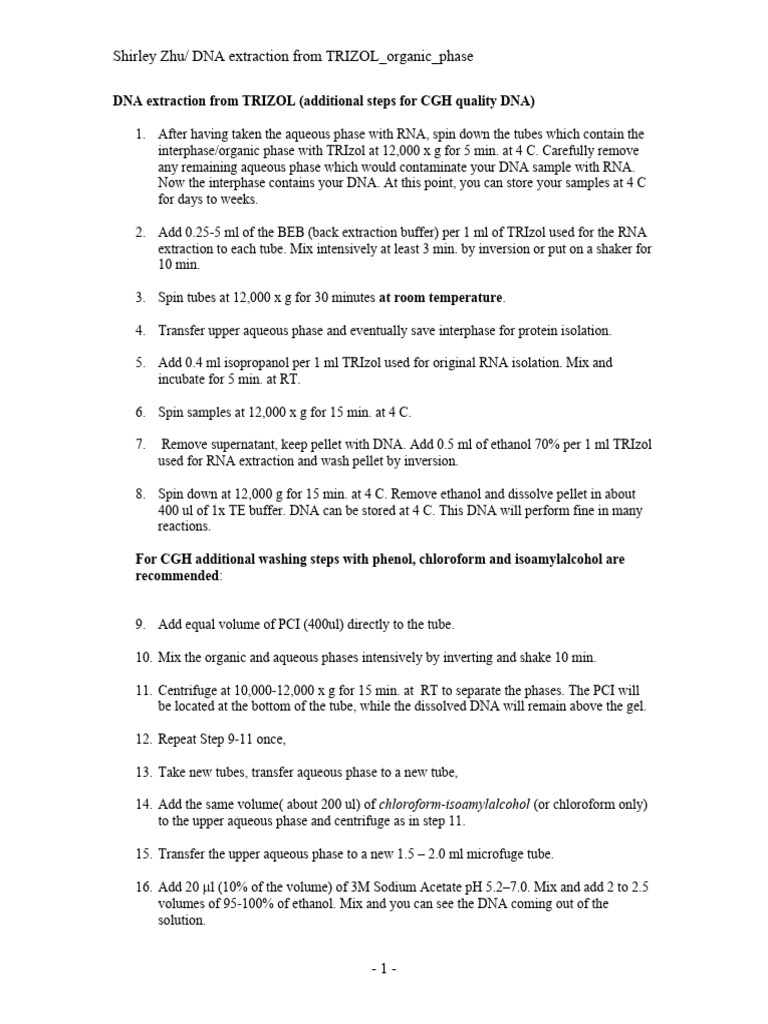 DNA Extraction From Organic Phase of Trizol Reagent After RNA Isolation ...