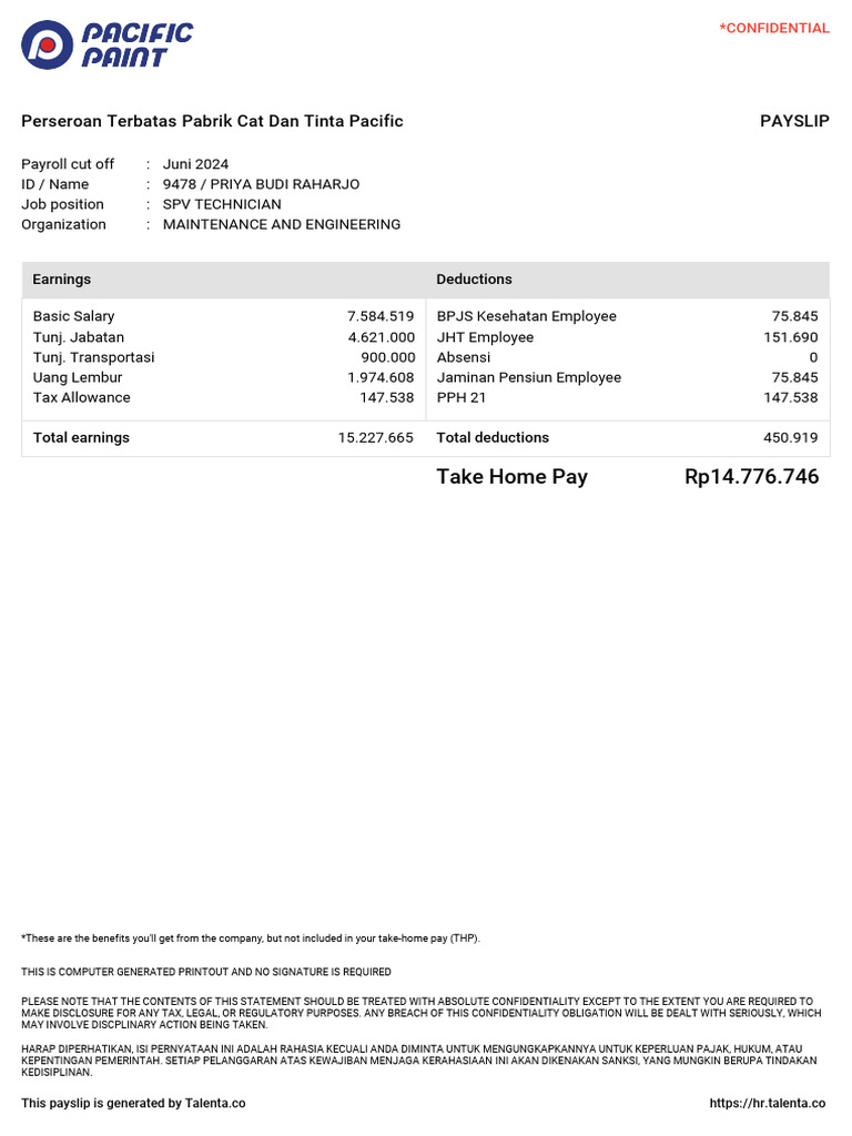 Talenta - Payslip Perseroan Terbatas Pabrik Cat Dan Tinta Pacific Jun ...