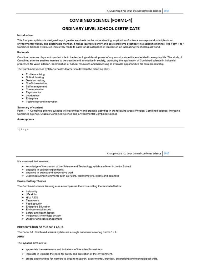 O'Level Combined Science Syllabus 1-4 | PDF | Science | Laboratories