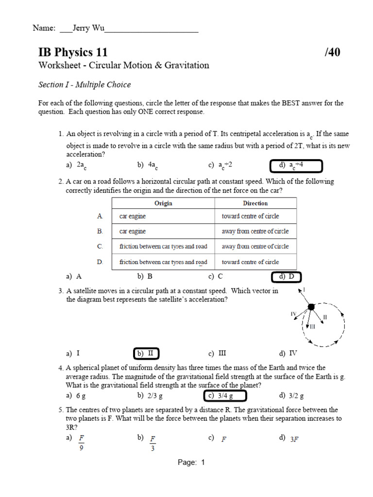 Worksheet - Centripetal Motion Gravitation | PDF | Force | Acceleration