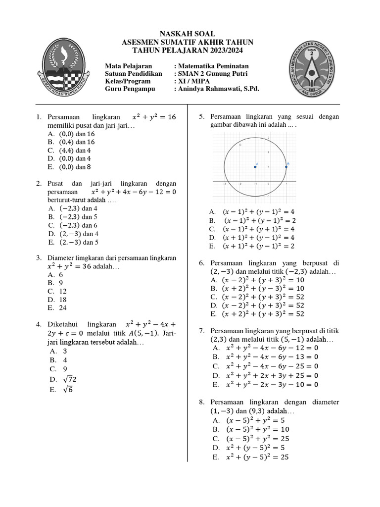 Soal Asat 2024 - Matematika PM - Xi Mipa - Anindya | PDF