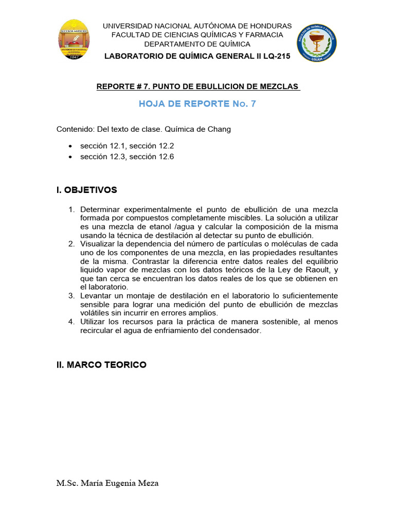 Reporte #7 Punto de Ebullicion de Mezclas | PDF | Destilación | Vapor