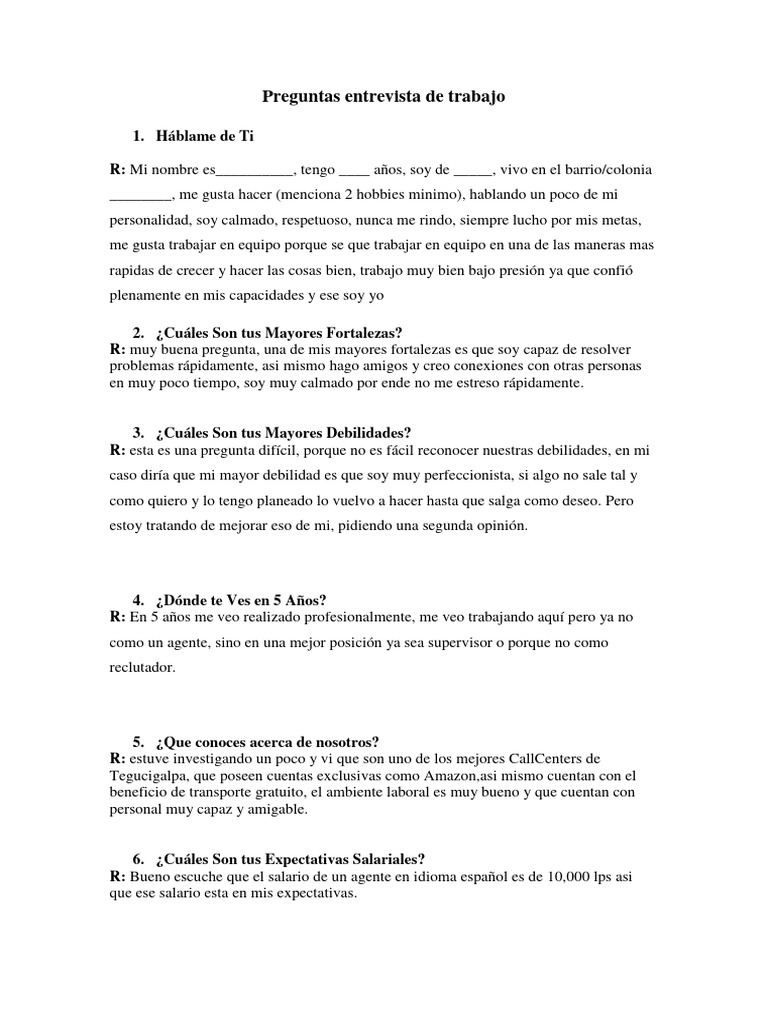 Preguntas Entrevista de Trabajo | PDF