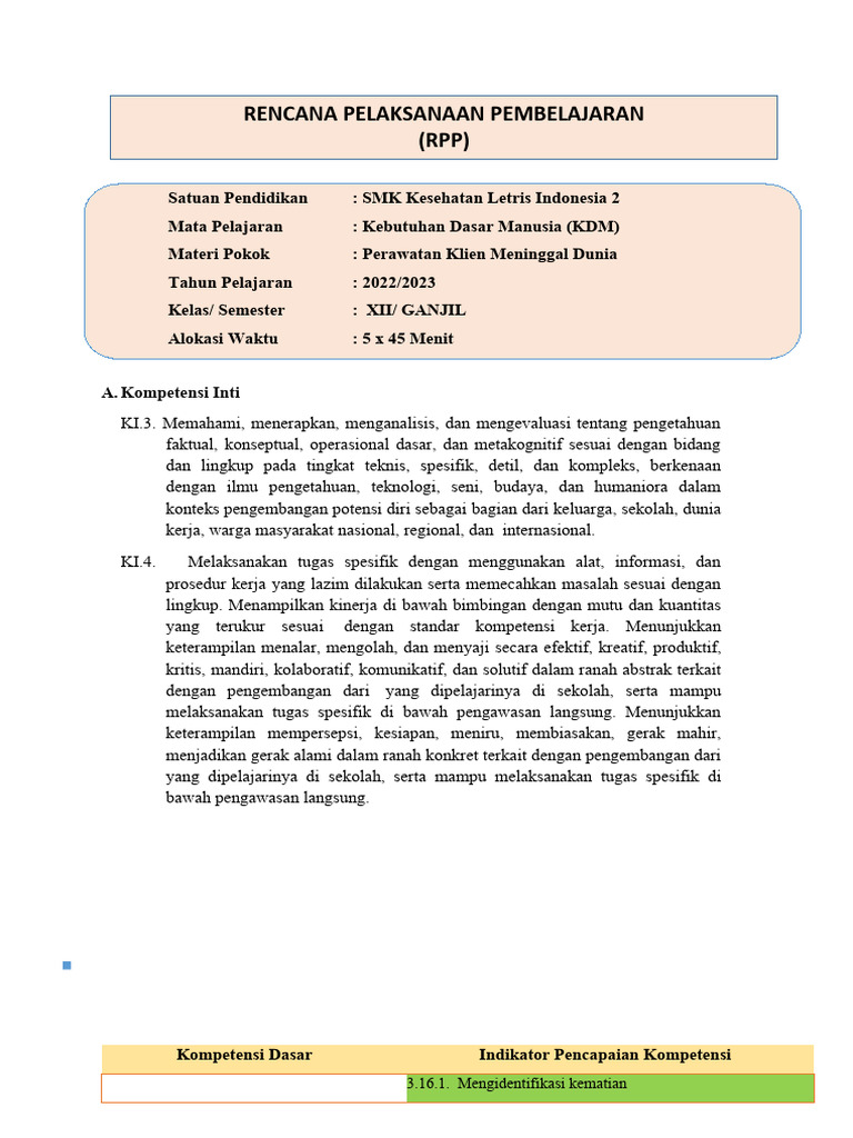 RPP KDM 2324.5.perawatan Klien Meninggal Dunia | PDF | Seni