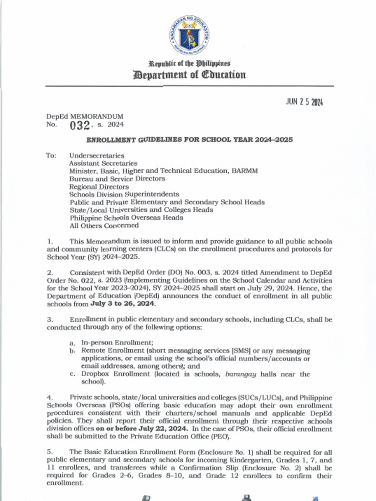 DM - s2024 - 032-Enrollment Guidelines SY24-25 | PDF