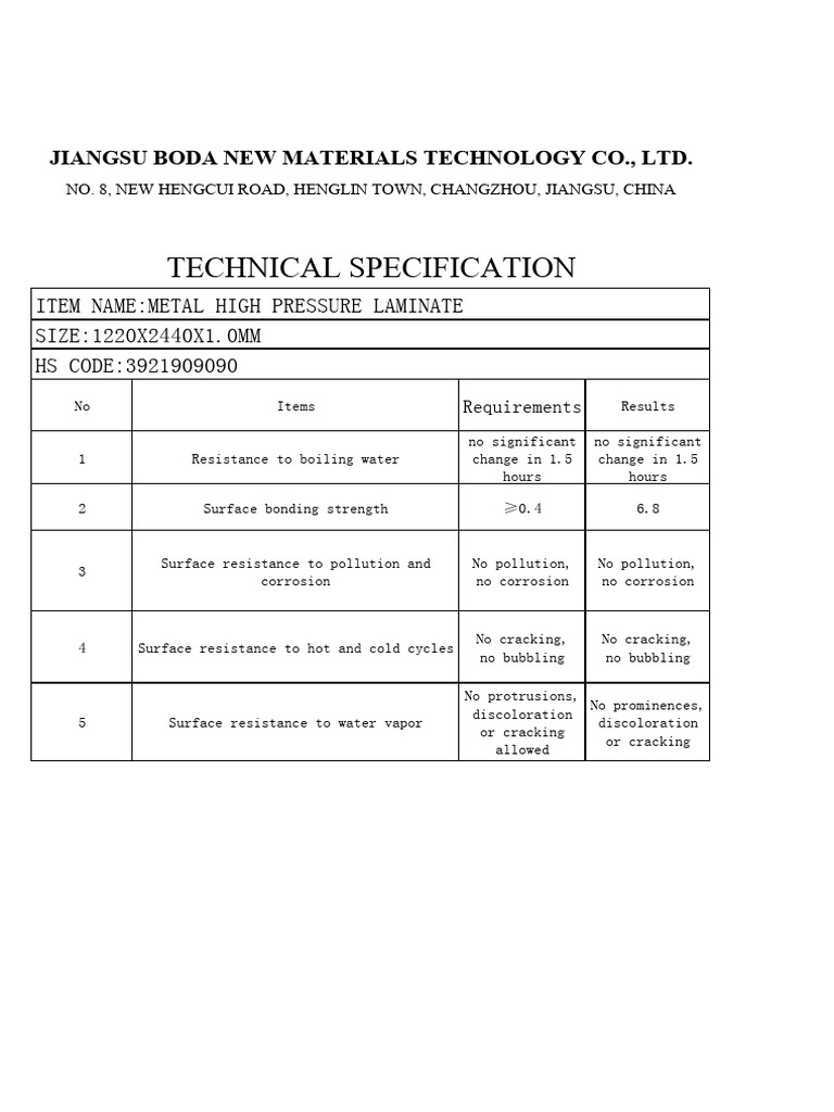 Technical Specification-For Metal HPL | PDF