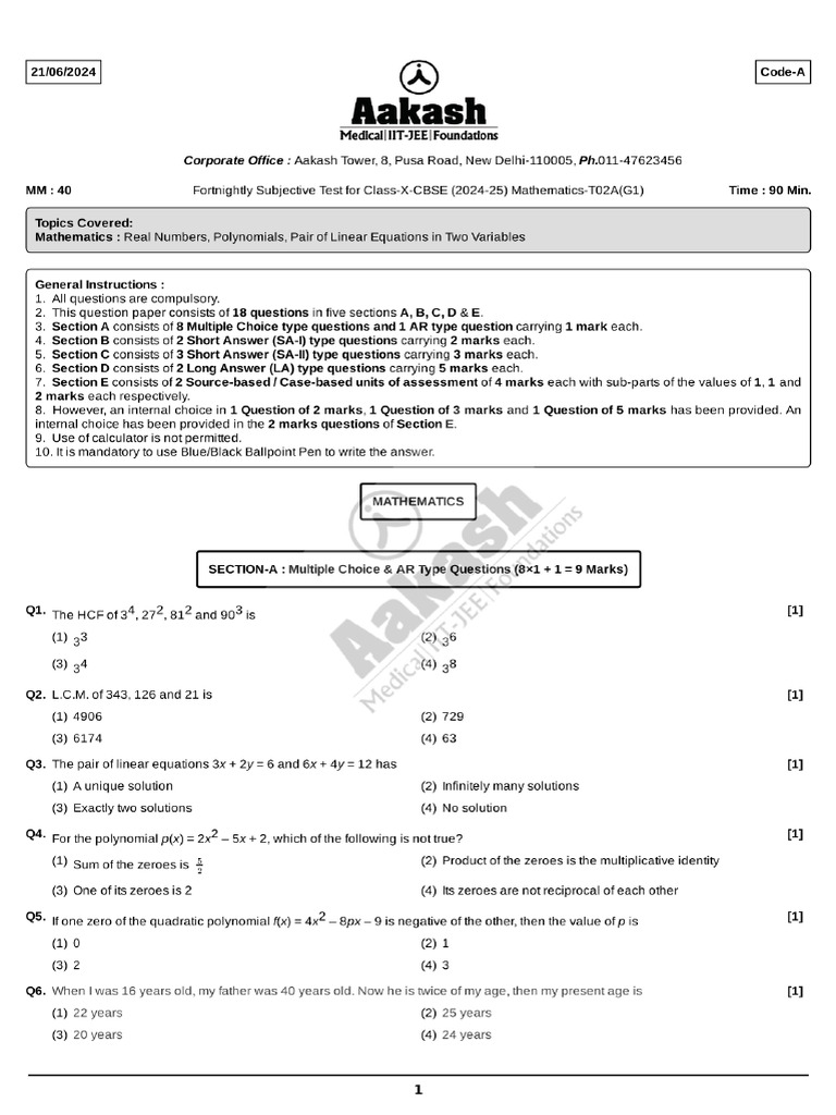 FST-2A (CBSE - G-1) Maths (C-10) (21-06-2024) | PDF | Polynomial ... FST-2A (CBSE - G-1) Maths (C-10) (21-06-2024) | PDF | Polynomial ...