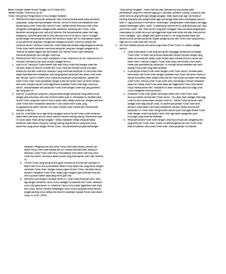 Khotbah Ibadah Rumah Tangga 2021 | PDF