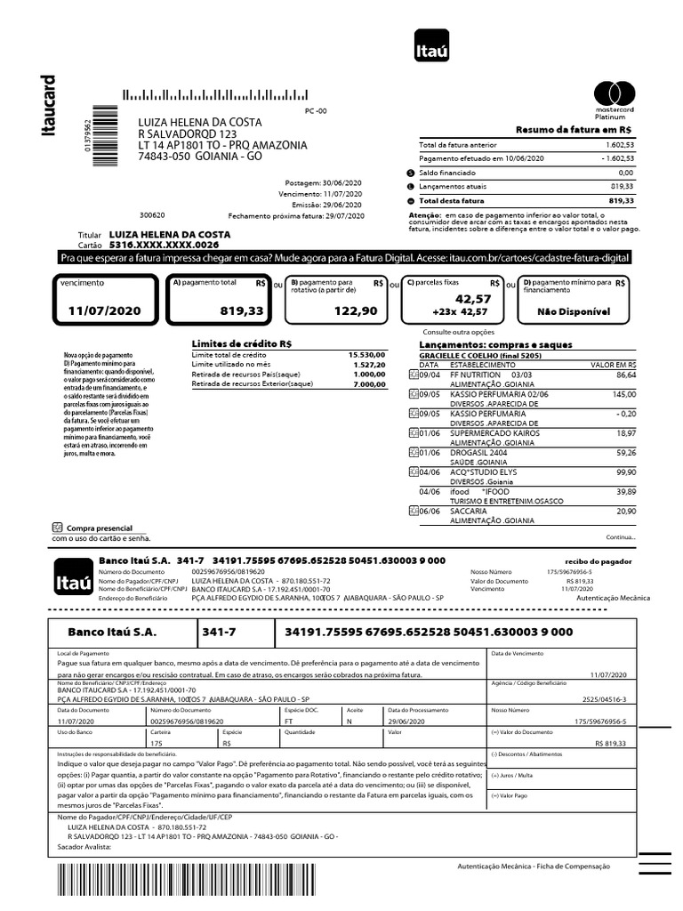 Fatura de Cartão de Crédito Luiza Helena | PDF | Economias | Business