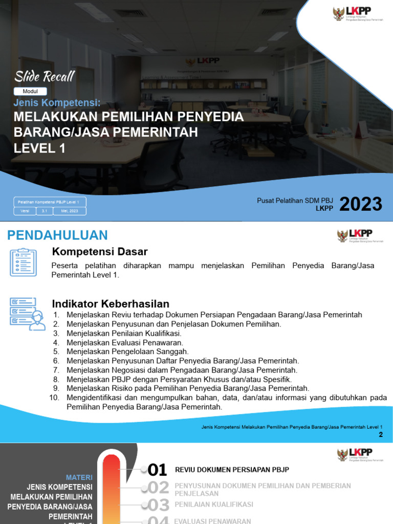 Slide Recall Modul Melakukan Pemilihan Penyedia Barang Jasa Level 1 V3.1-Tambah | PDF