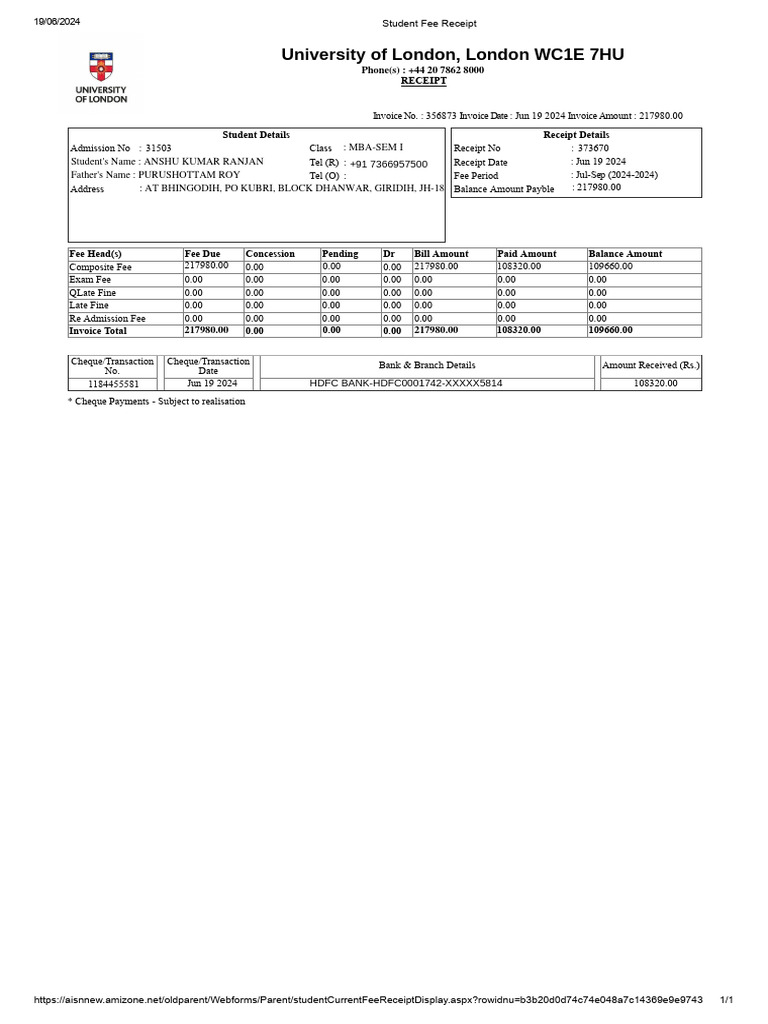 Student Fee Receipt | PDF | Receipt | Accounts Payable