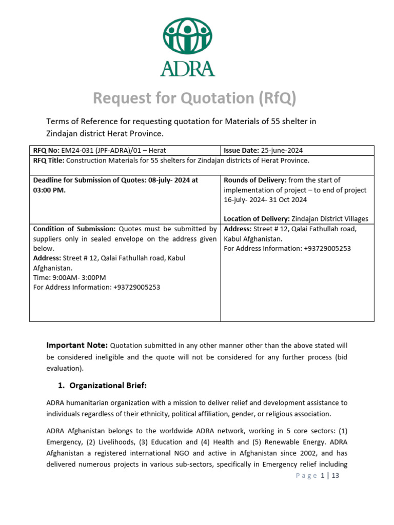 RFQ for Shelter Materials in Herat | PDF | Payments | Masonry