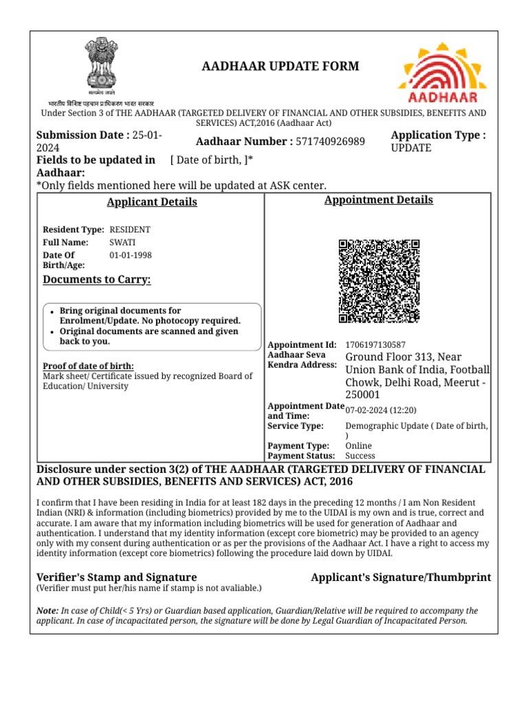 Swati Aadhar Card Correction | PDF | Government And Personhood | Authentication