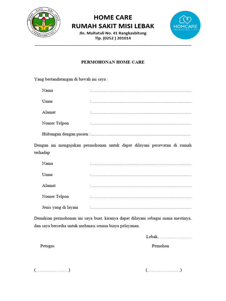 Permohonan Layanan Home Care RS Misi Lebak | PDF | Griya & Taman