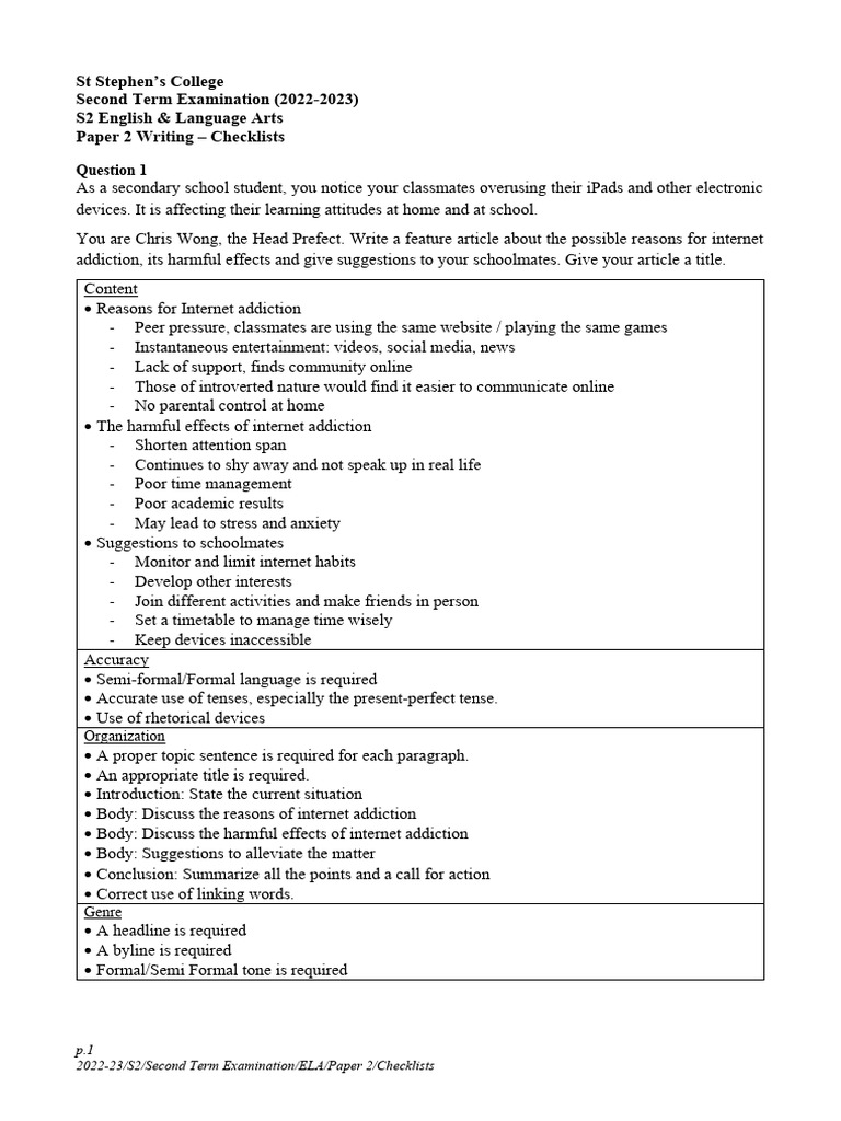 2022-23 S2 MLP T2 Paper 2 Checklist | Download Free PDF | Narration ...
