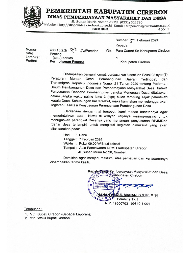 Surat Permohonan Peserta Penyusunan RPJMDes | PDF