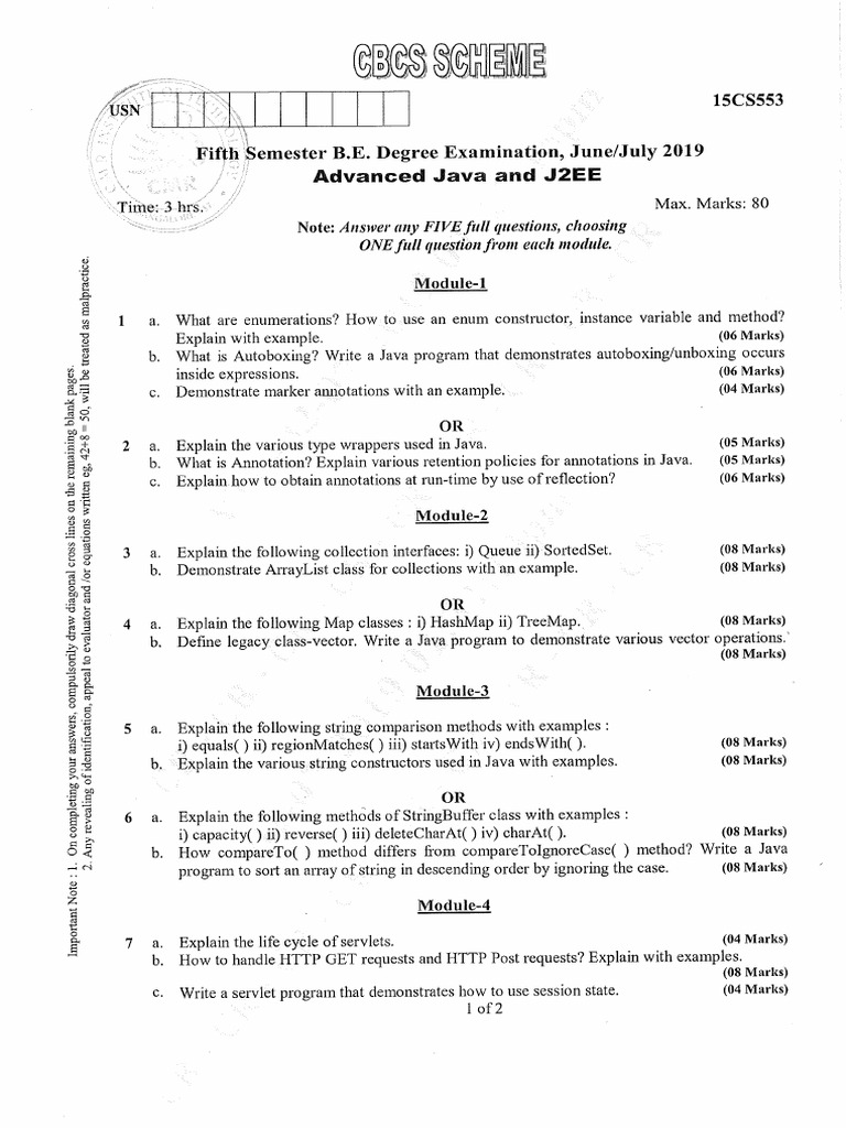 VTU Question Paper of 15CS553 Advanced Java and J2EE Jun-2019 | PDF