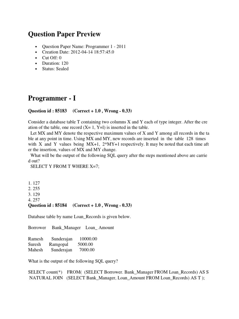 Programmer RPSC 2011 Previous Year Papper | PDF | Relational Model ...