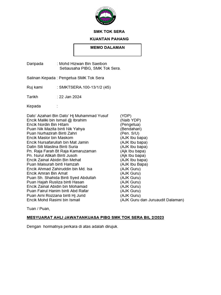 Surat Panggilan Mesyuarat Ajk Pibg Bil 2 2324 New | PDF