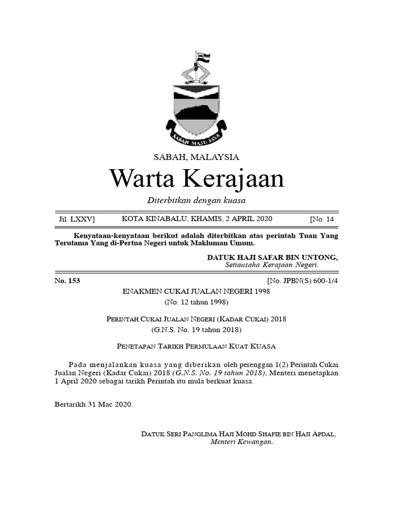 Warta Kerajaan: Sabah, Malaysia | PDF