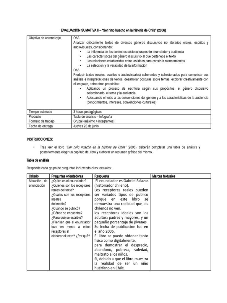 EvaluaciÓn Sumativa 2 Ser Niño Huacho En La Historia De Chile Pdf 0349