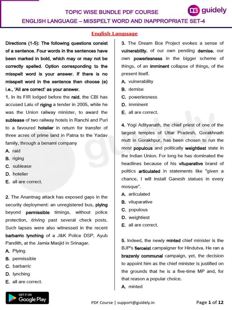 Misspelt & Inappropriate Word Set - 4 (Prelims) - 1719378060246 | PDF