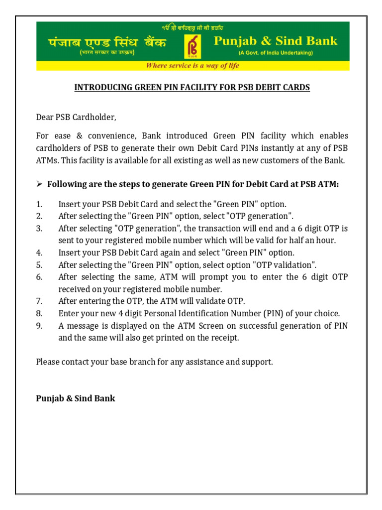 Green PIN Guide for PSB Cardholders | PDF | Finance & Money Management