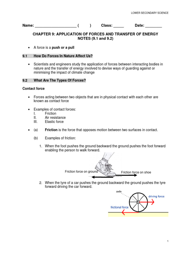 Chap 9 Application of Forces and Transfer of Energy - Notes (9.1 and 9. ...
